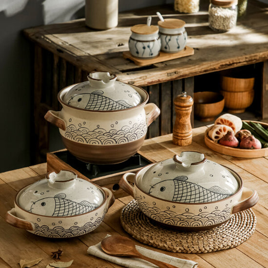 Japanese Donabe Clay Pot - Hand-Painted Koi Fish Ceramic Casserole ...