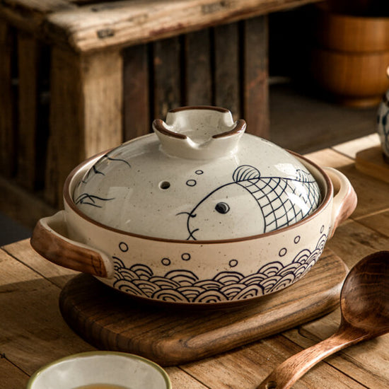 Japanese Donabe Clay Pot - Hand-Painted Koi Fish Ceramic Casserole ...